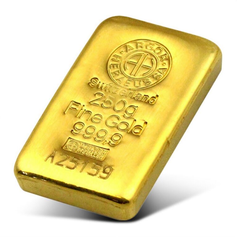 250 Gram Argor Heraeus Cast Gold Bar (New W/ Assay) - ROYAL BULLION GROUP