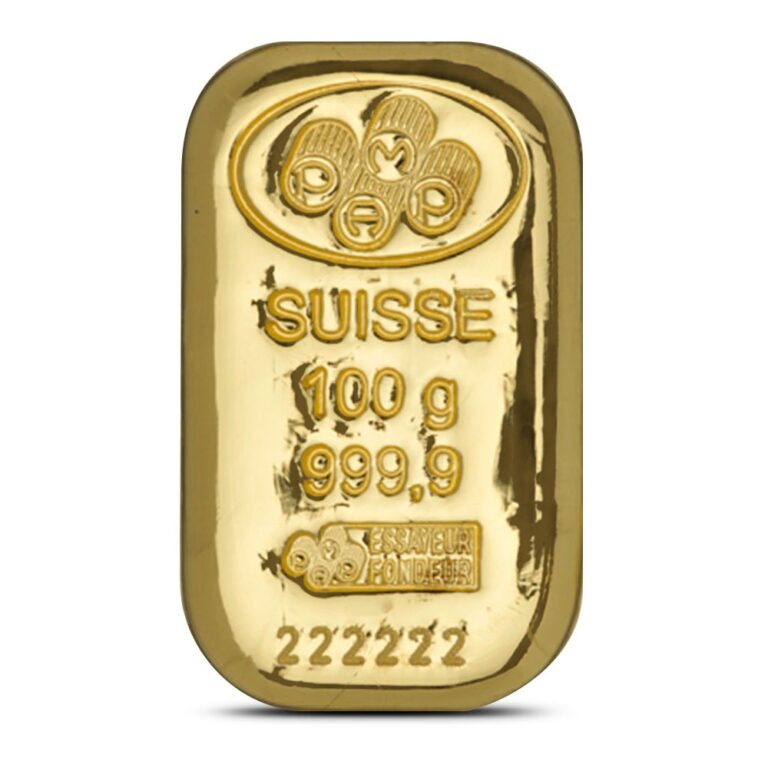 100 Gram PAMP Suisse Cast Gold Bar (New W/ Assay) - ROYAL BULLION GROUP