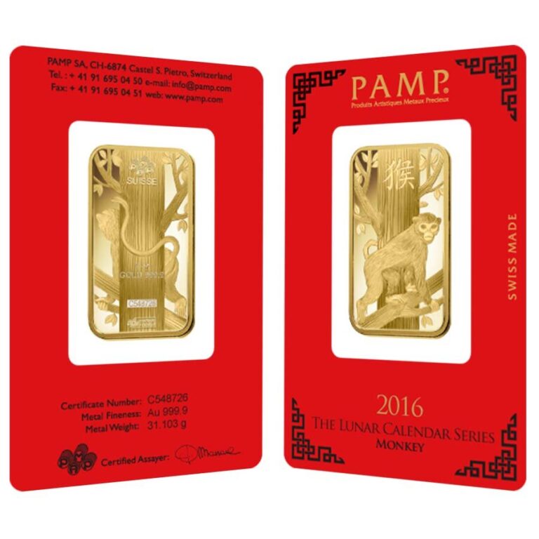 1 Oz PAMP Suisse Lunar Monkey Gold Bar (New W/ Assay) - ROYAL BULLION GROUP